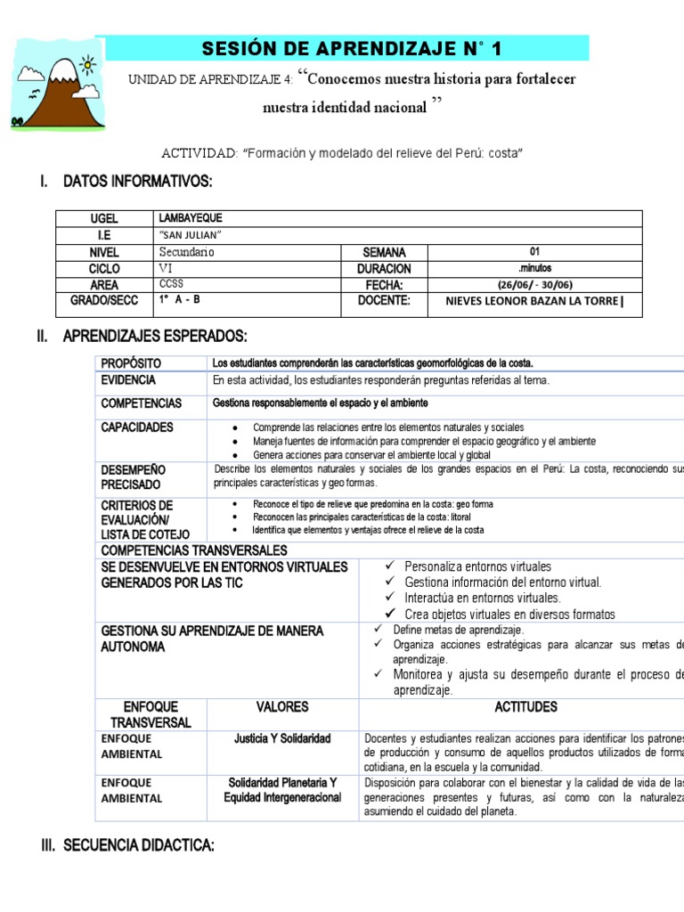 SESION CCSS 1° SEC-SEMANA 01 San Julian | PDF | Aprendizaje | Evaluación