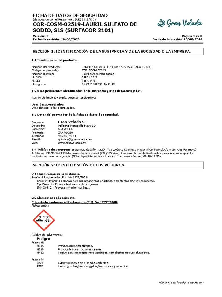 Ficha de Seguridad-COSM-02519 - LAURIL SULFATO DE SODIO, SLS (SURFACOR 2101) (Español) | PDF ...