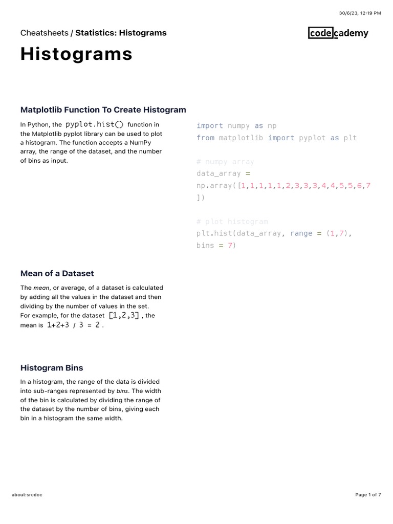 Statistics: Histograms: Histograms Cheatsheet - Codecademy | PDF ...