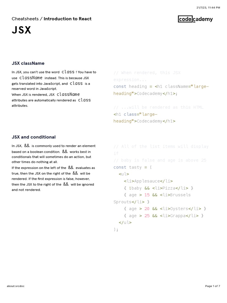 Introduction To React: JSX Cheatsheet - Codecademy | PDF | Java Script | Software