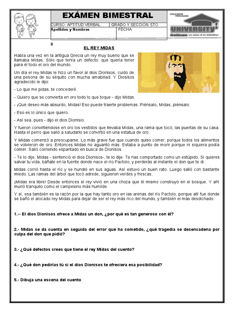 Exámen Bimestral Aptitud Verbal 5to de Primaria | PDF | Historia