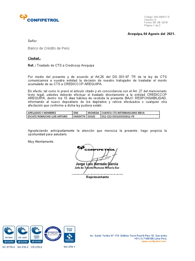 Modelo Traslado Cts | PDF