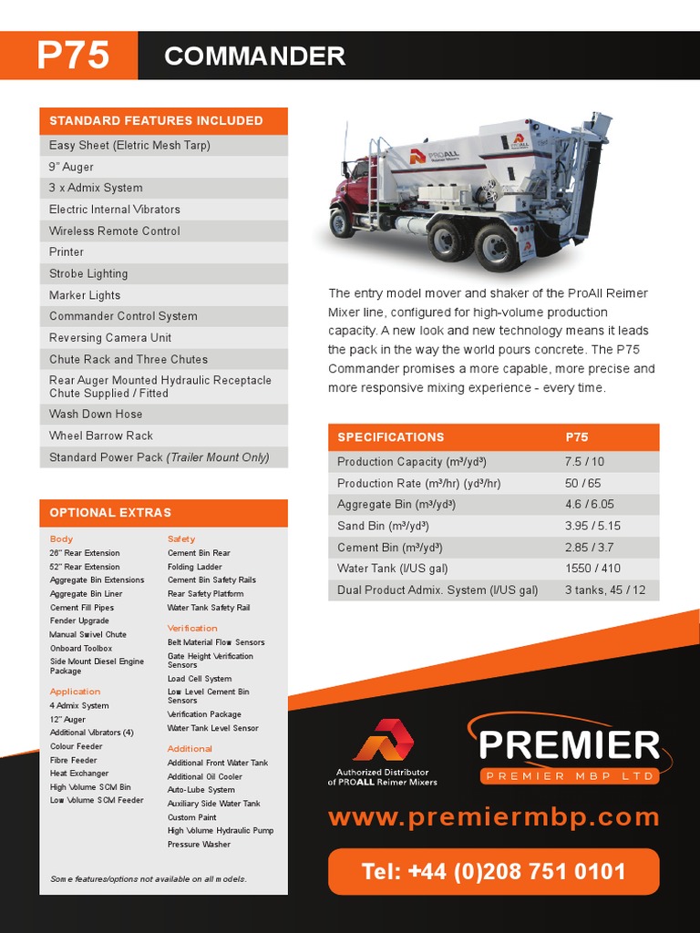 P75 Commander Mixer Spec Sheet | PDF | Concrete | Cement