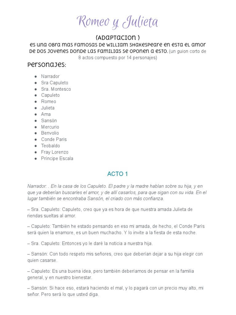 Romeo y Julieta Guion de Teatro 4b | PDF | Romeo y Julieta | Tragedias de Shakespeare