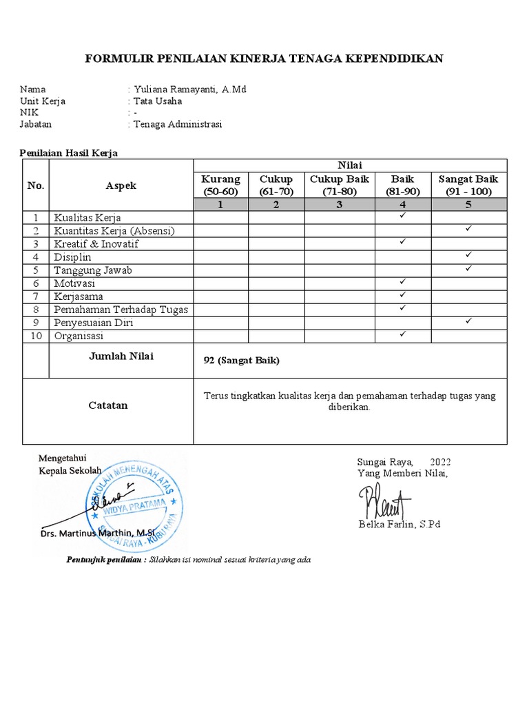 Hasil Penilaian Kinerja Tenaga Kependidikan | PDF