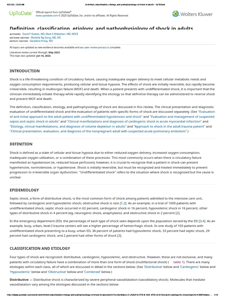 Definition Classification Etiology And Pathophysiology Of Shock In