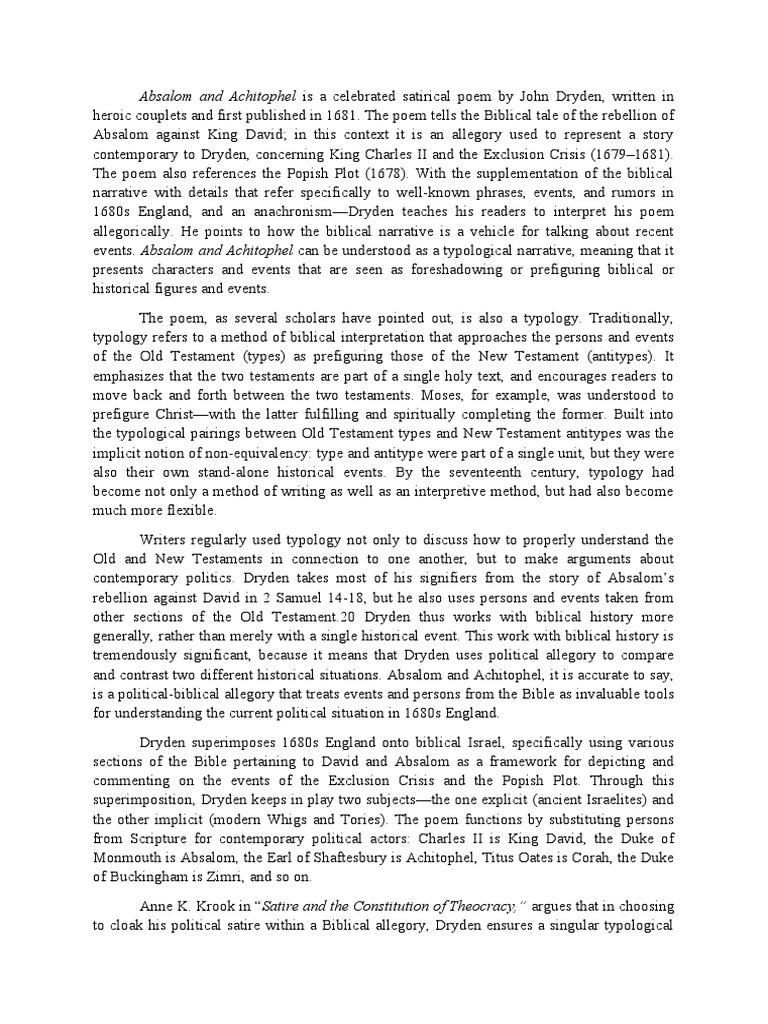 Absalom and Achitophel Is A Celebrated Satirical Poem by John Dryden ...