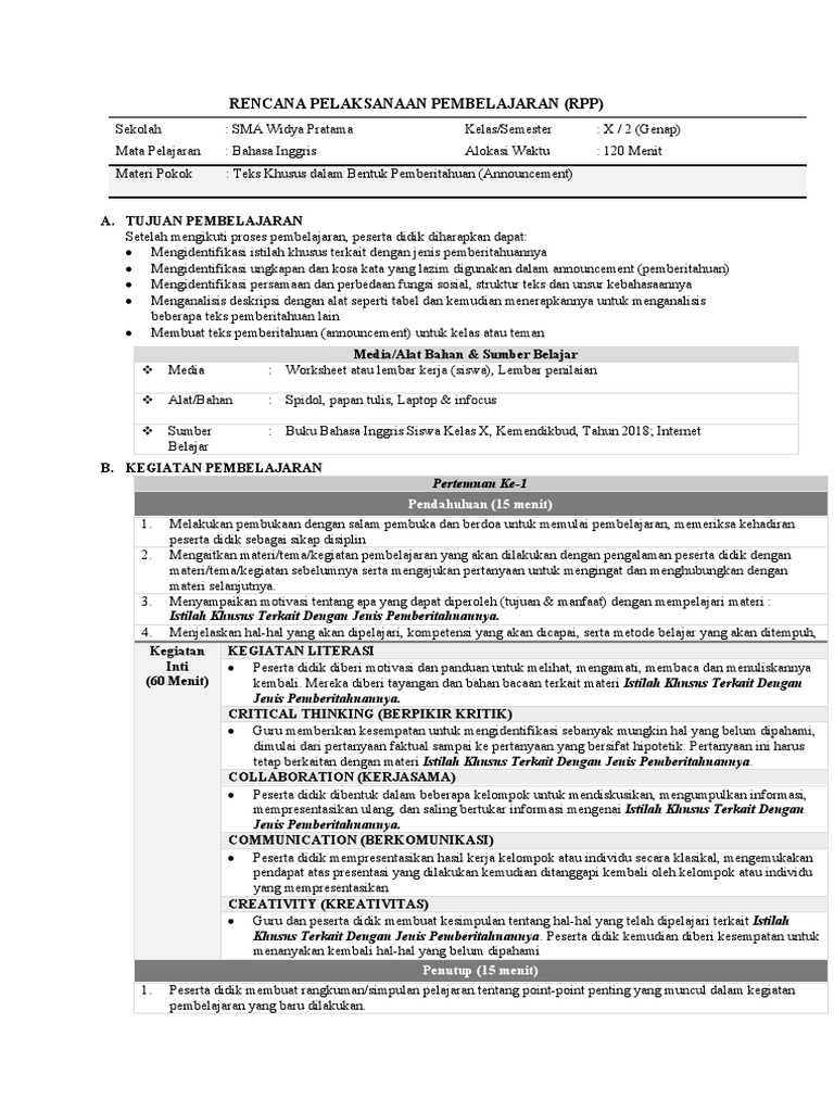 RPP Ing Kelas 10 | PDF