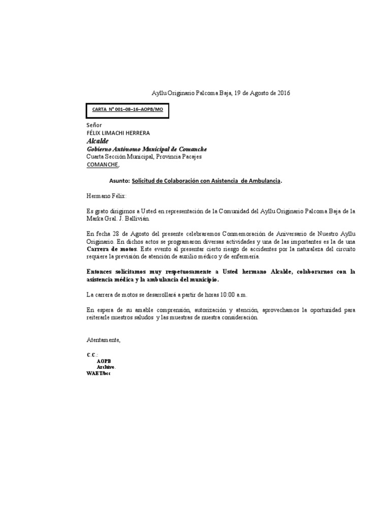 Aopb Carta Alcalde Solicitud Ambulancia | PDF