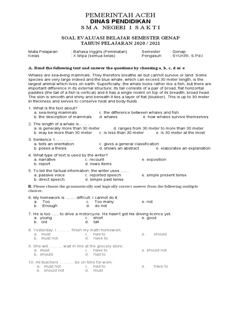 Soal Ujian ENG Peminatan TP 2020 - 2021 Genap | PDF