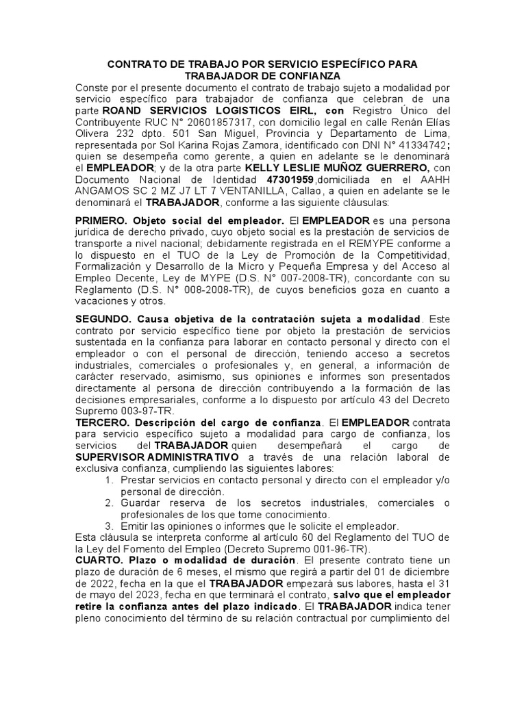 Modelo de Contrato de Trabajo Por Servicio Específico para Trabajador ...