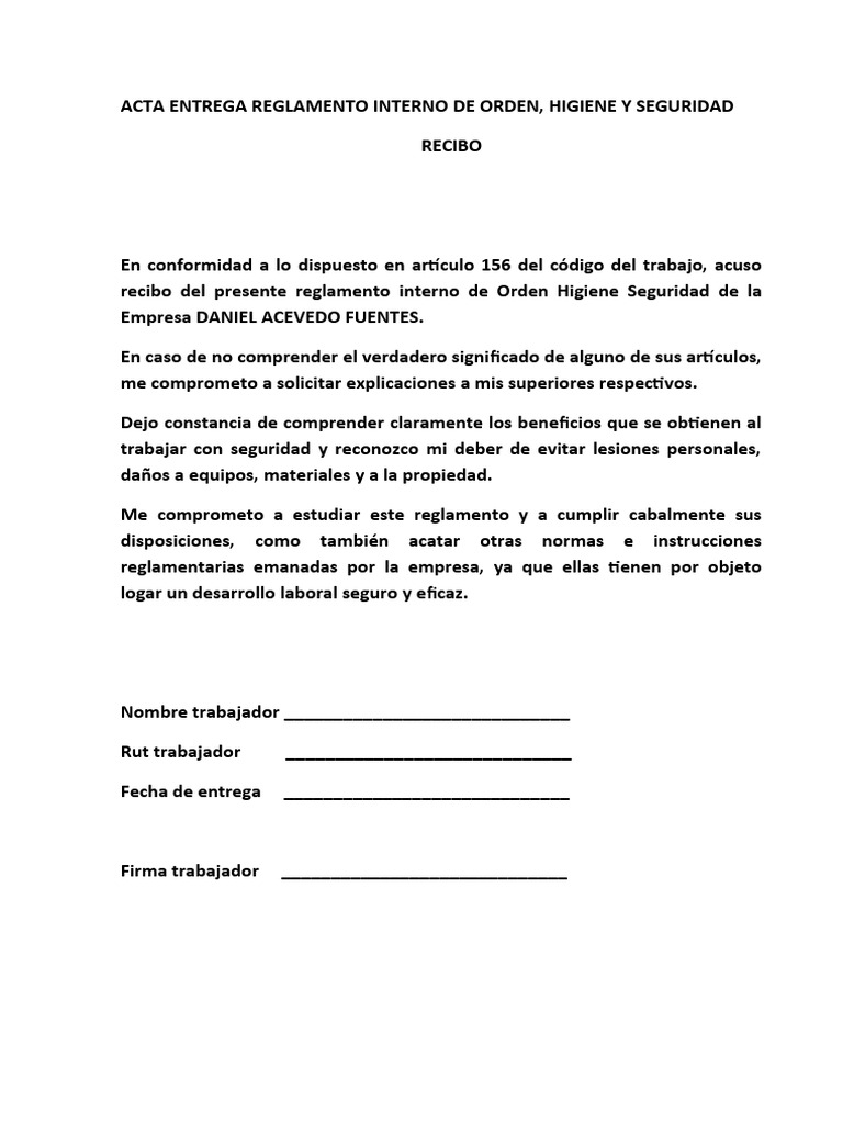 Acta Entrega Reglamento Interno de Orden | PDF