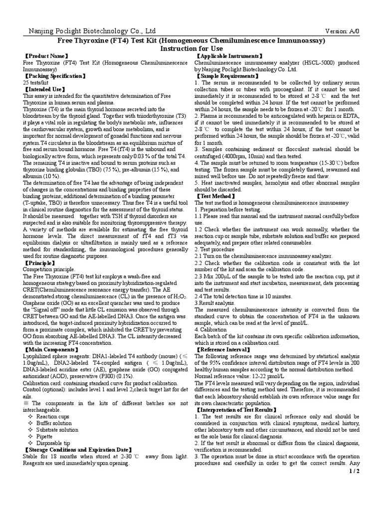 Free Thyroxine (FT4) Test Kit (Homogeneous Chemiluminescence ...