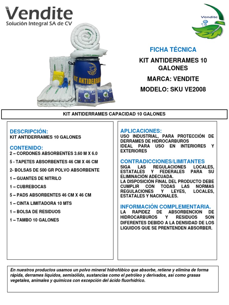 Ficha Tecnica Kit Antiderrames 10 Galones | PDF