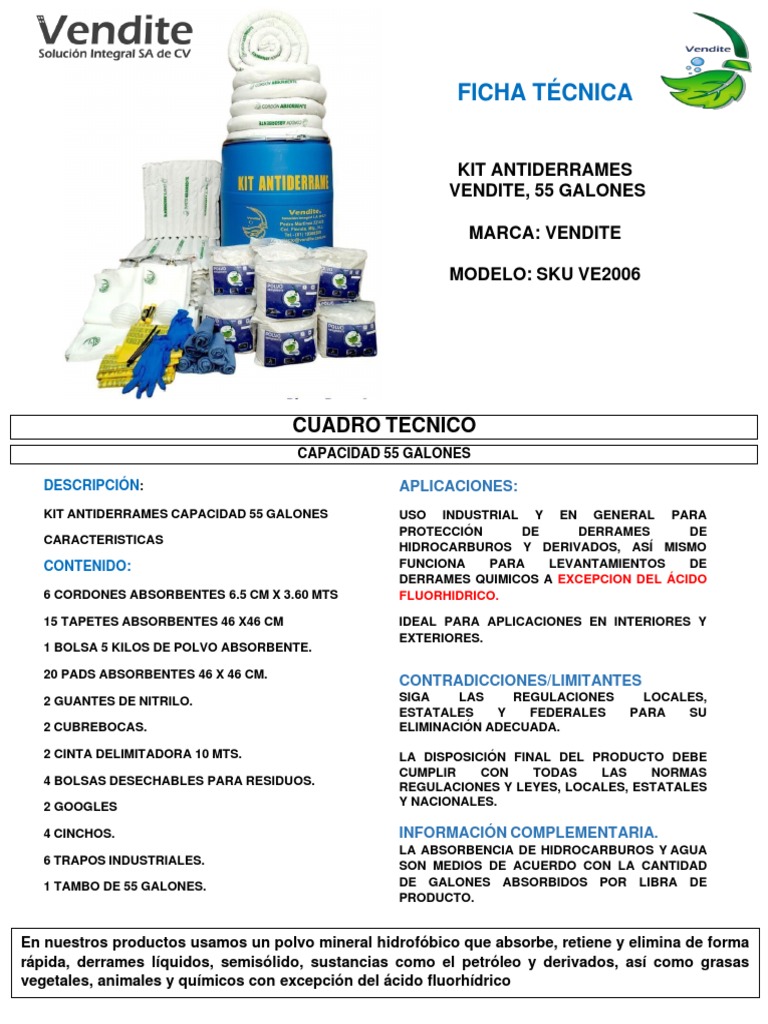 Ficha Técnica Kit Antiderrames 55 Galones | PDF | Compuestos químicos | Sustancias químicas