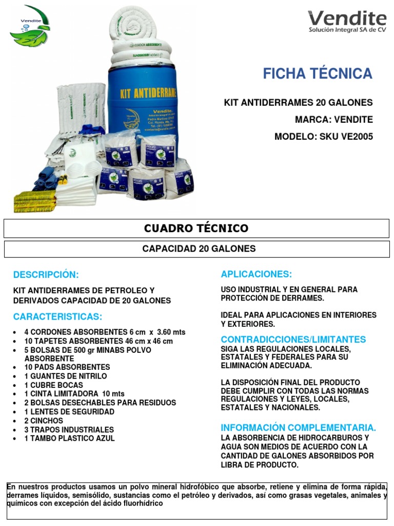 Ficha Técnica Kit Antiderrames 20 Galones | PDF