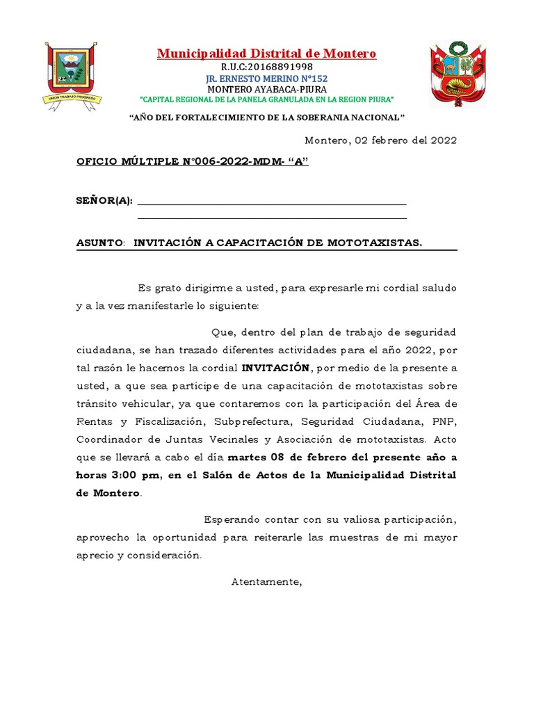 OFICIO MULTIPLE N°006 INVITACION A REUNION DE CODISEC, MOTOTAXISTASa | PDF