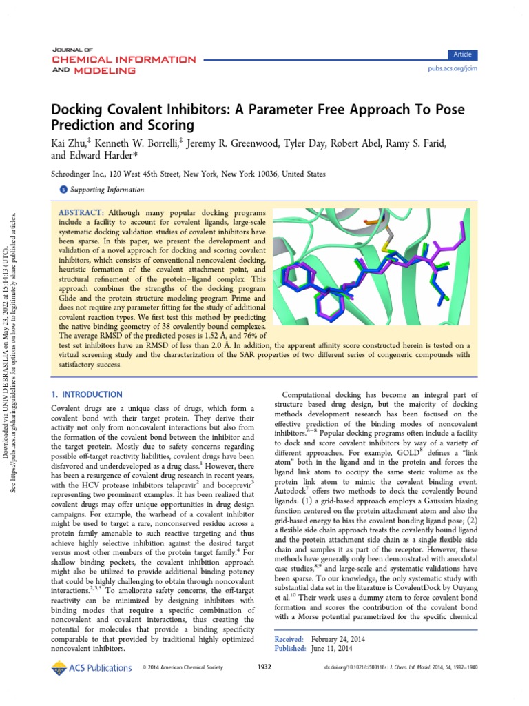 Docking Covalent Inhibitors: A Parameter Free Approach To Pose Prediction and Scoring | PDF ...