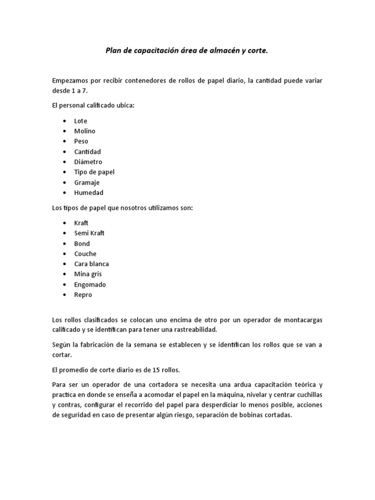 Plan de Capacitación Área de Almacén y Corte | PDF