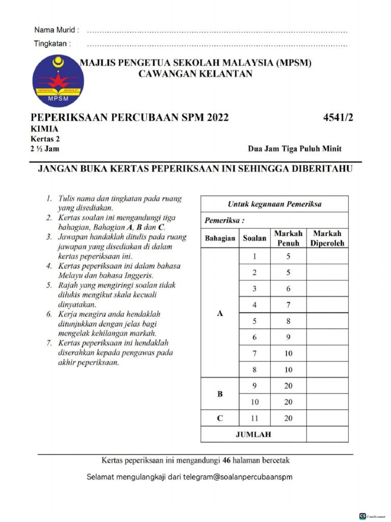 Kimia K2 Trial Kelantan 2022 | PDF