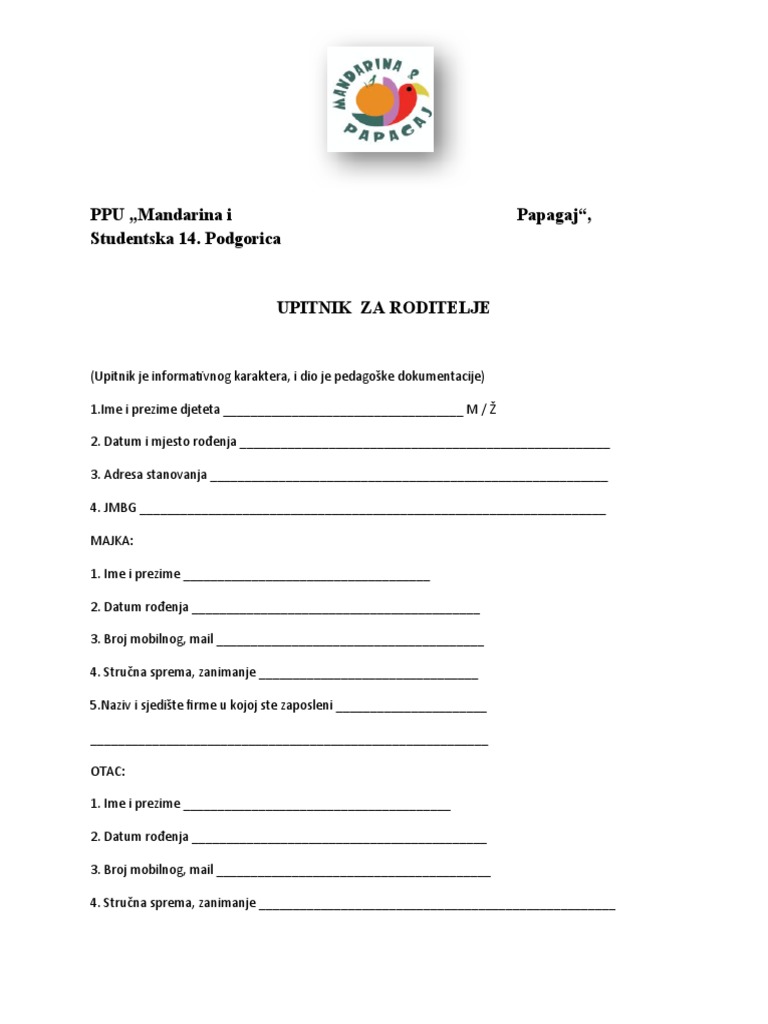 PPU Anketa Za Roditelje | PDF