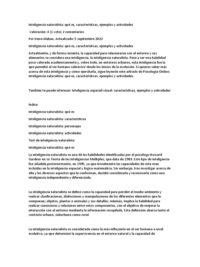 Inteligencia Naturalista: Definición y Ejemplos | PDF | Inteligencia ...