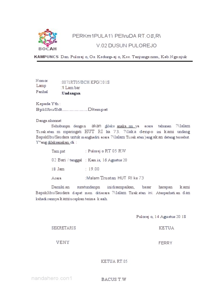 Contoh Surat Undangan Malam Tirakatan 17 Agustus (HUT RI) Simpel | PDF