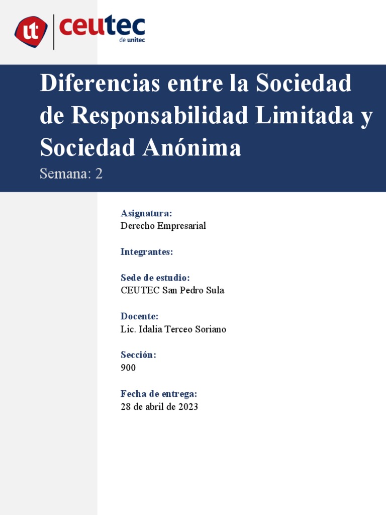 Cuadro Comparativo Diferencias Entre La Sociedad de Responsabilidad Limitada y Sociedad Anónima ...