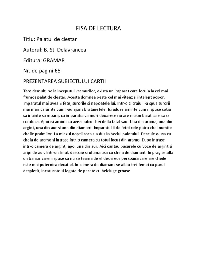 FISA DE LECTURA Palatul de Clestar | PDF