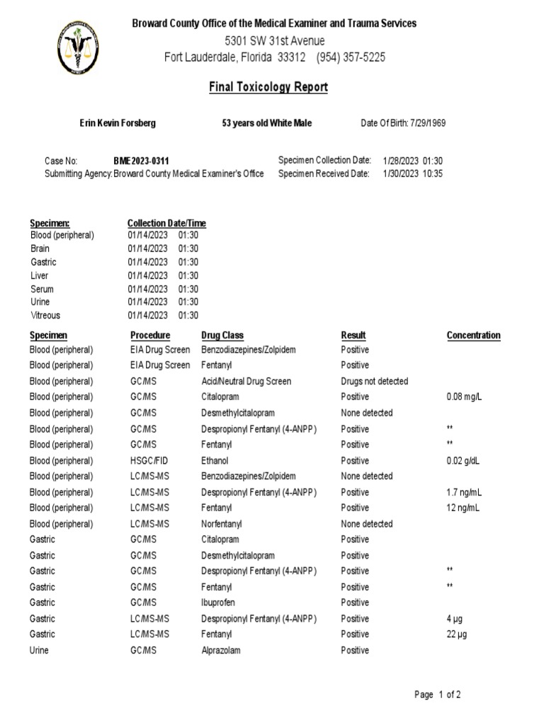 23-0311 Toxicology Report | PDF | Drug Test | Clinical Medicine