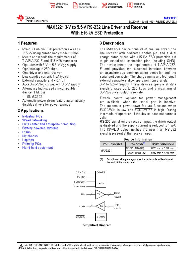"MAX3221 3-V To 5.5-V RS-232 Line Driver and Receiver" Datasheet ...