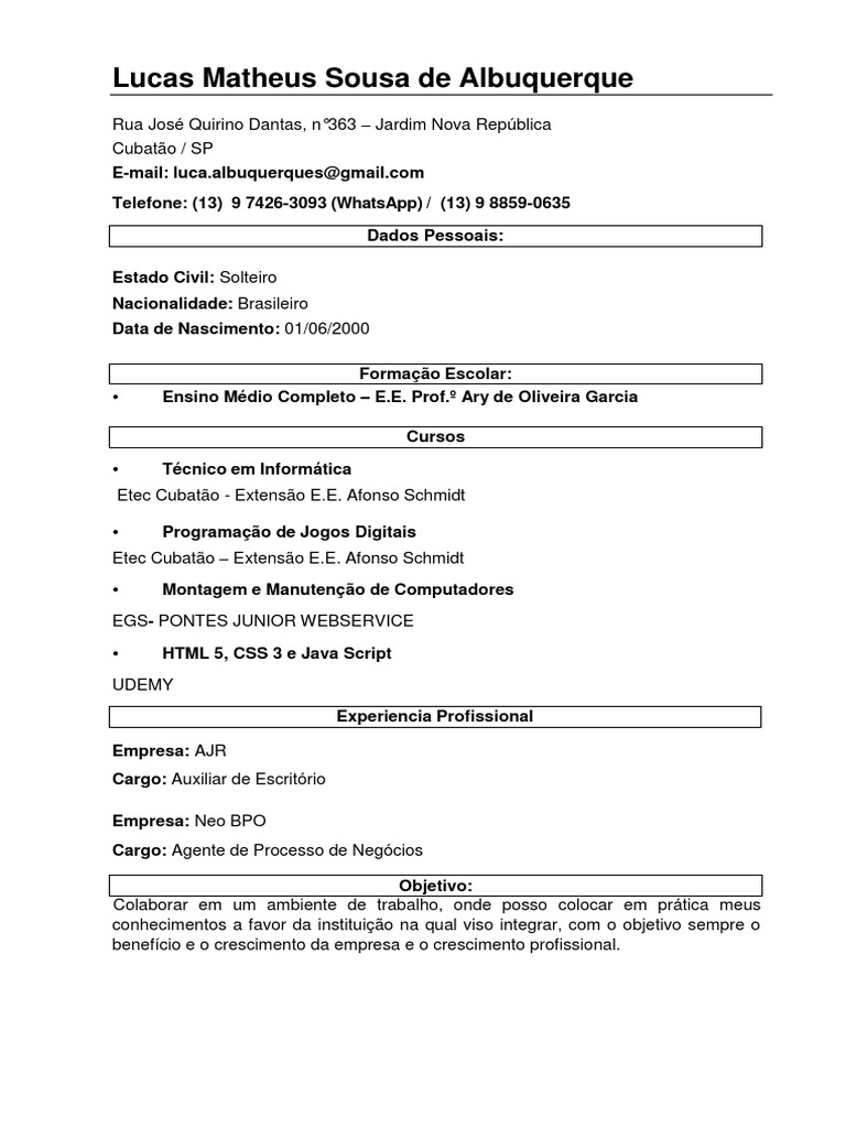 Modelo de Currículo Lucas | PDF