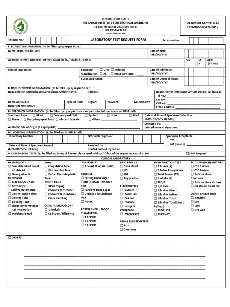 LRD DIV SPE FM 001a RITM Lab Test Request Form - Clinical Lab 1 ...