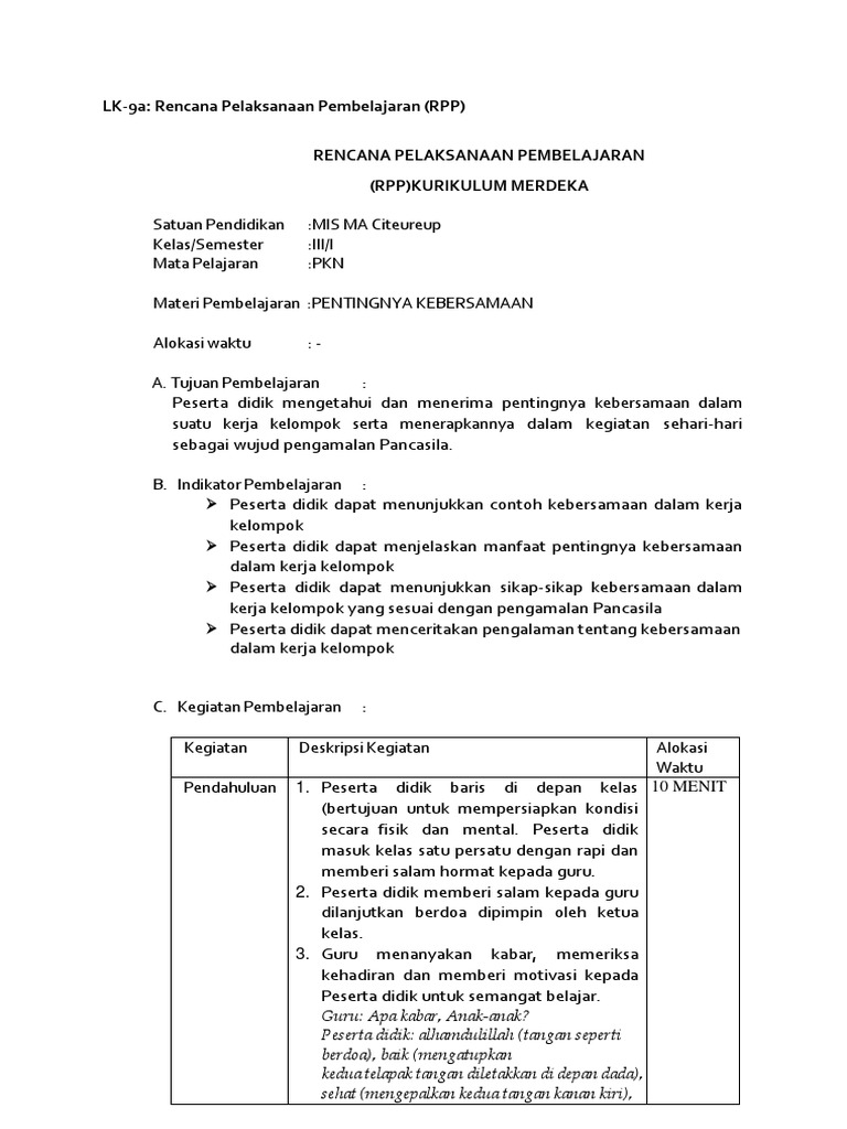 RPP Kebersamaan | PDF | Karier & Perkembangan