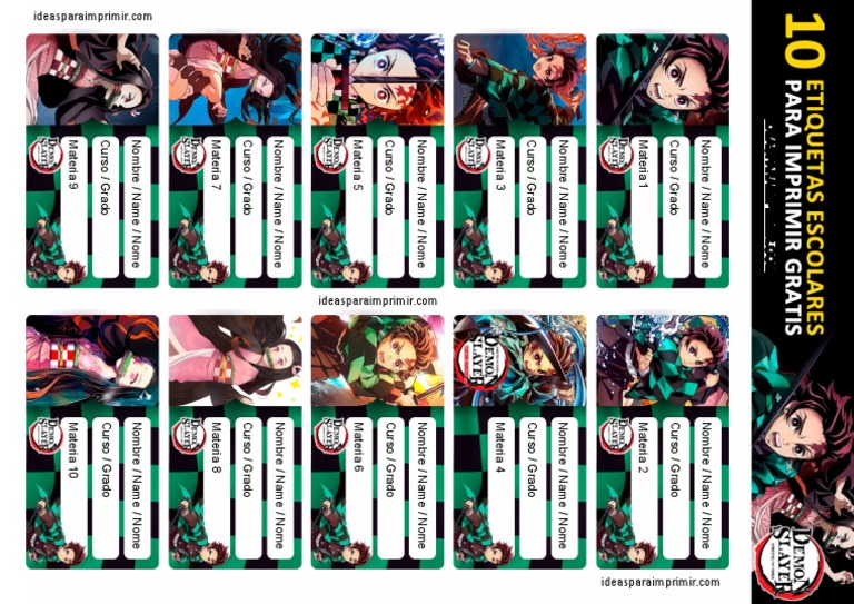 Etiquetas Escolares Demon Slayer Kimetsu No Yaiba Editables Gratis | PDF