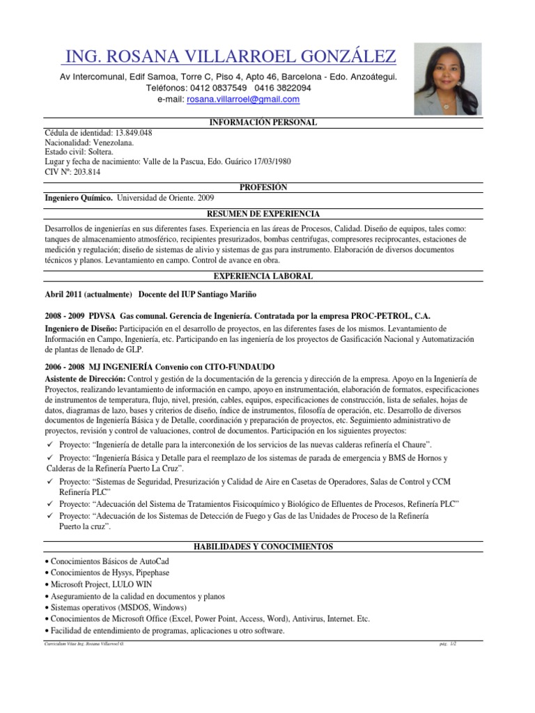 Curriculum Vitae Ing. Rosana Villarroel | PDF | Refinería de petróleo ...