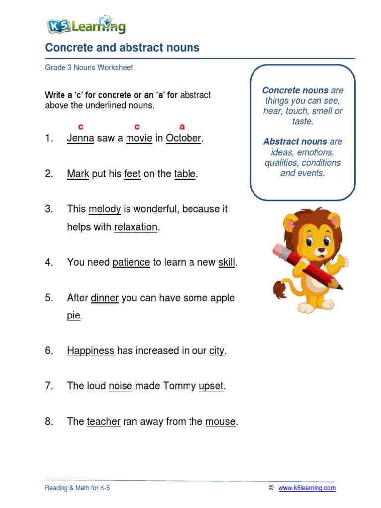 Grade 3 Concrete vs Abstract Nouns Worksheet | PDF