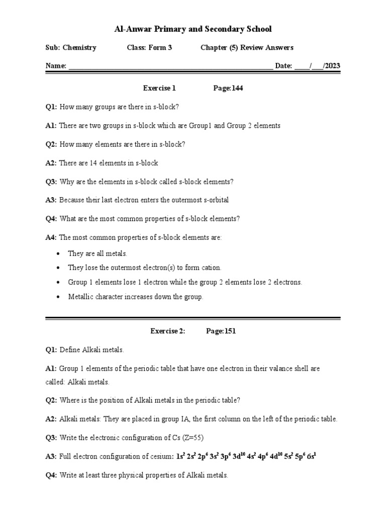 Chapter 5 Review Answers | PDF | Metals | Periodic Table