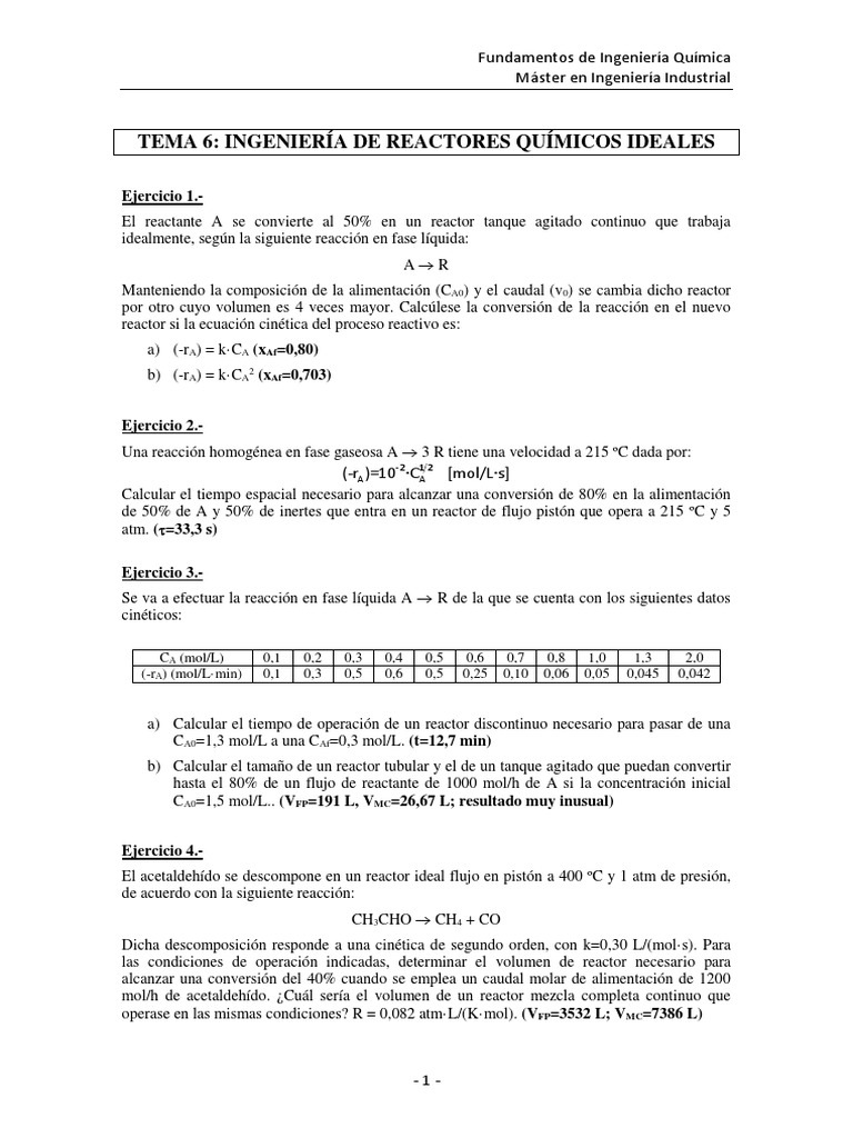 Tema6 Ejercicios | Descargar gratis PDF | Reactor Quimico | Velocidad de reacción