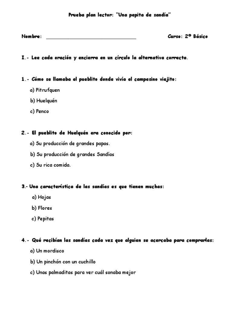 Prueba de lectura: Una pepita de sandía | PDF | Cocina, comidas y vino ...