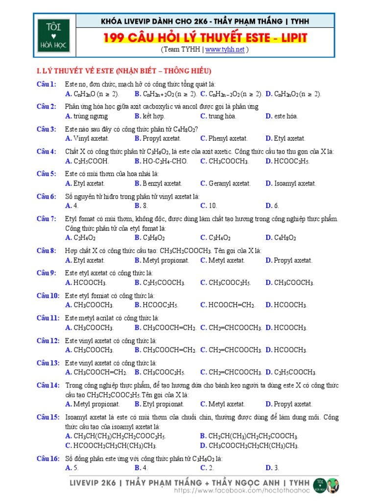 (Tyhh) - 199 Câu Hỏi Lý Thuyết Este - Lipit | PDF