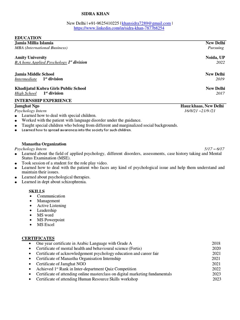 Sidra Khan - CV | PDF | Psychology | Mental Health
