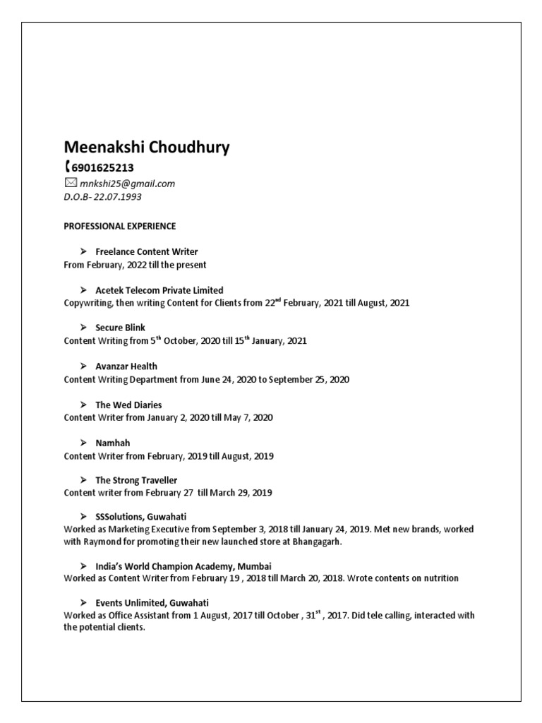 Meenakshi Choudhury: Professional Experience | PDF