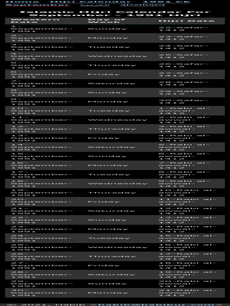 Islamic Hijri Calendar For September - 1991 Hijri | PDF