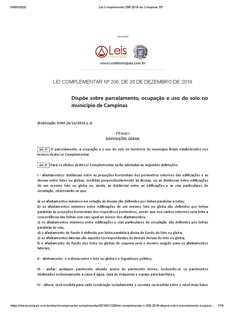 Lei Complementar 208 2018 de Campinas SP | PDF | Lote (propriedade) | Águas residuais