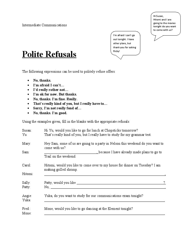 Polite Refusals Worksheet and Actiivity Fun Activities Games - 44850 | PDF