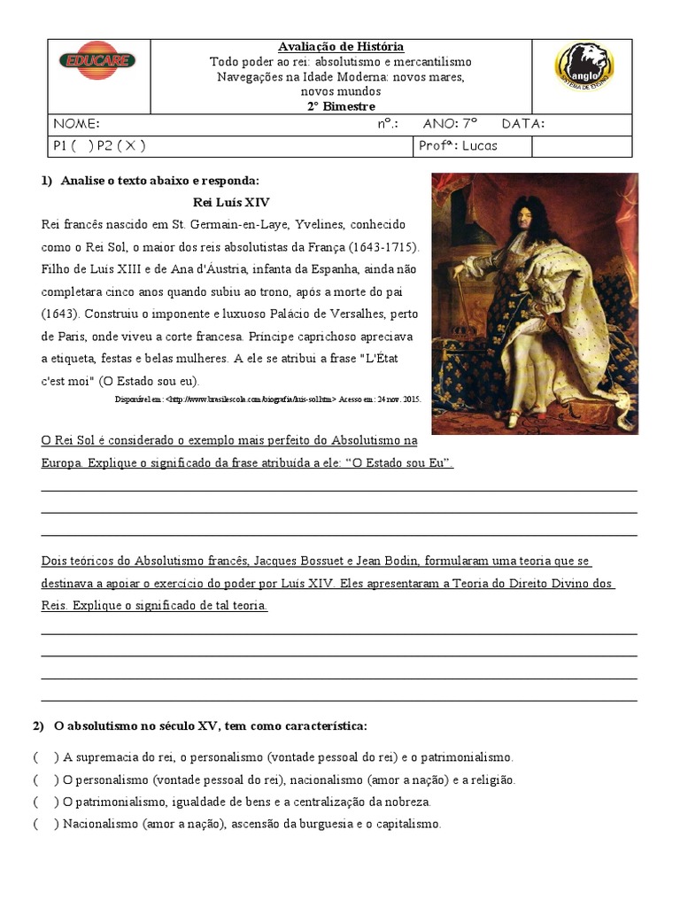 7 Ano - Hist - 2 Bim p2 | Download grátis PDF | Mercantilismo | Economia