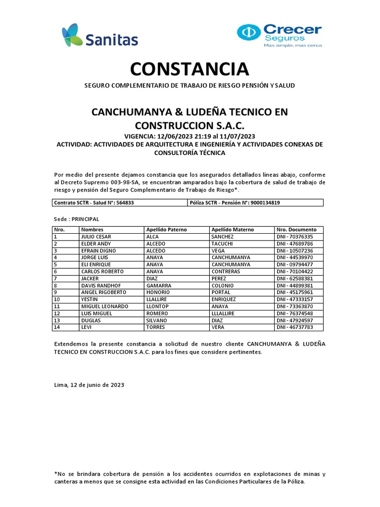 Cobertura SCTR para Canchumanya & Ludeña | PDF | Seguro