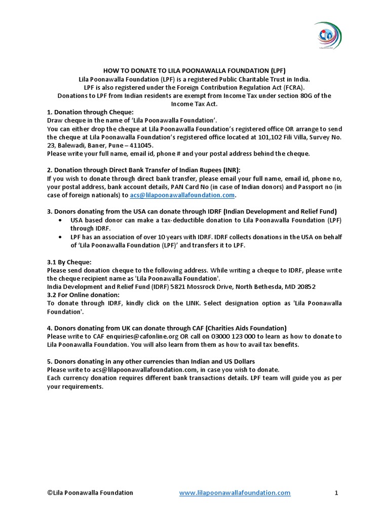 How To Donate To Lila Poonawalla Foundation (LPF) | PDF | Donation | Cheque
