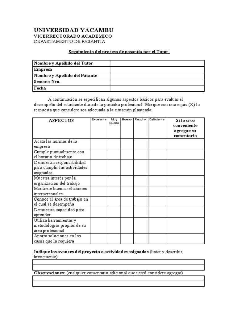 Formato Evaluacion Seguimiento Semanal Por El Tutor | PDF | Crecimiento personal y profesional